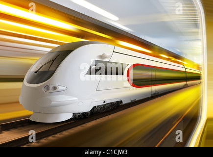super streamlined train with motion blur moves in subway Stock Photo ...