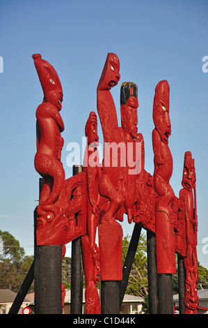 Maori carvings, Te Tii Marae, Te Tii Bay, Waitangi, Bay of Islands ...