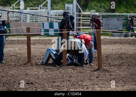Medieval knight knocked off horse during jousting tournament Stock ...