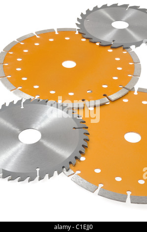 Color detail of a new circular saw blade on a wooden background Stock ...