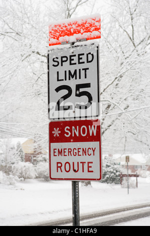 A snow emergency route and speed limit sign seen during a heavy ...