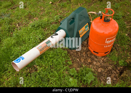 Gas-gun, gas powered bird scarer at edge of arable field, Bacton ...