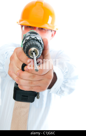 crazy man builder with a drill Stock Photo - Alamy