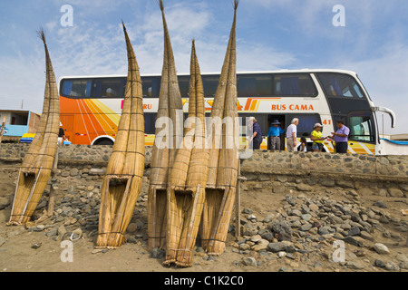 Huanchaco Beach and the traditional reed boats (caballitos de totora ...