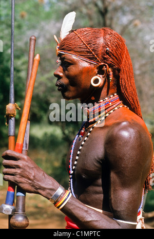 Profile of Samburu moran warrior with traditional beads long hair and ...