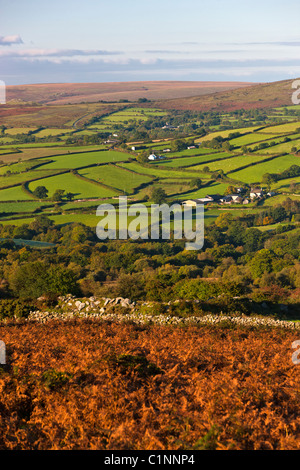 Patchwork fields in countryside. Widecombe in the Moor, Devon, England ...