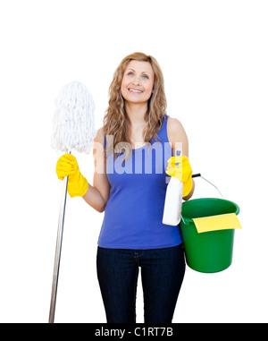 Charming young woman holding a mop against white background Stock Photo ...