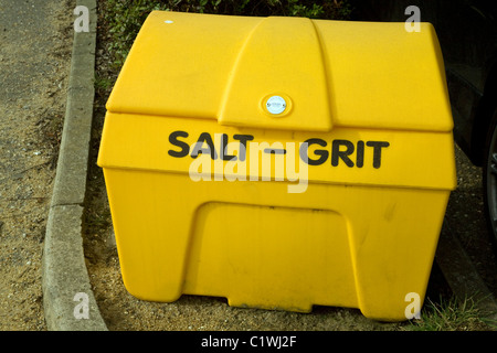 Yellow British grit salt roadside container for gritting in the winter ...