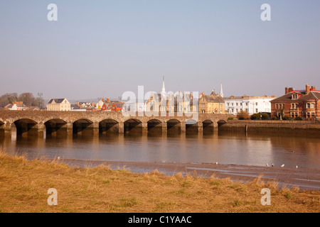 The medieval bridge over the river Taw at Barnstaple, England. Known as ...