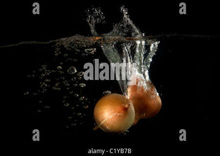 Onions in a splash of water on a black background Stock Photo - Alamy