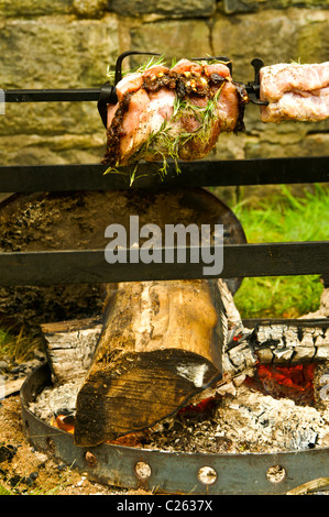 Roast pork on a spit. Roast meat on the spit over the fire in the open ...