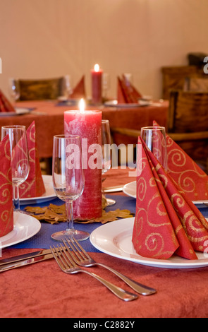 Detail of a prepared restaurant dinner table with miscellaneous recipes ...