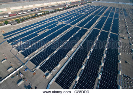 Solar panels on warehouse, aerial view, France, Europe Stock Photo ...