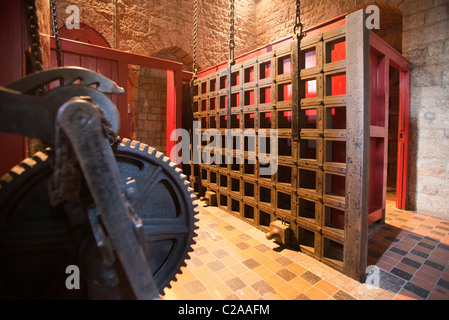 Interior view of strong portcullis door, Gate Medieval Castle, Castell ...