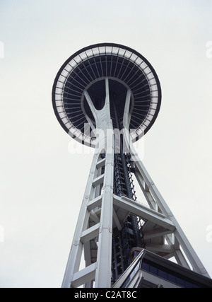 A low angle shot of a Space Needle in Seattle at the observation deck ...