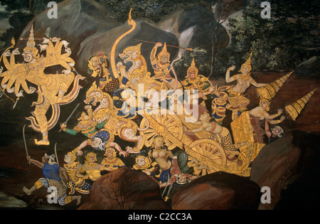 Mural of battle scenes from Ramakien epic, taken in 1998, Wat Phra Kaew ...