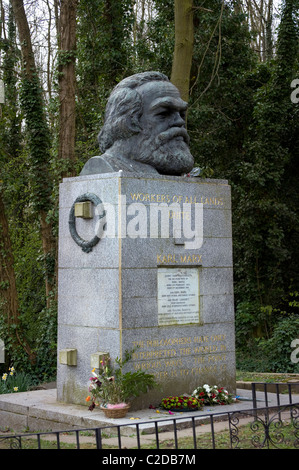 The Karl Marx memorial in Highgate Cemetery, seen through gravestones ...