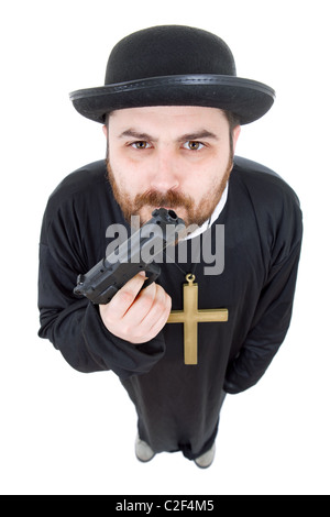 young man dressed as priest with a gun Stock Photo - Alamy