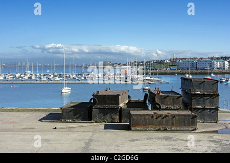 Steel pontoon caissons on the quayside in Holyhead harbour, Anglesey ...