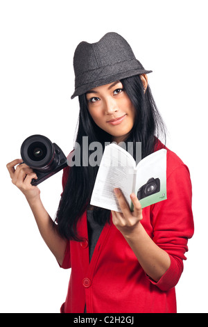 Photo of cheerful pretty girl hold use wireless netbook write email ...