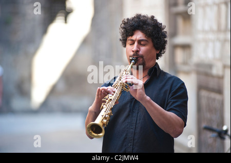 Clarinet player performing in the Gothic part of Barcelona, Spain Stock ...
