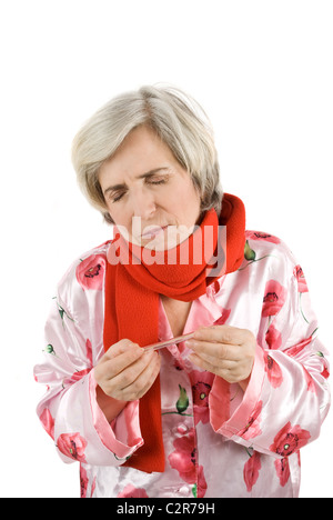 Woman is having flu and she is using nasal spray to help herself. Woman ...