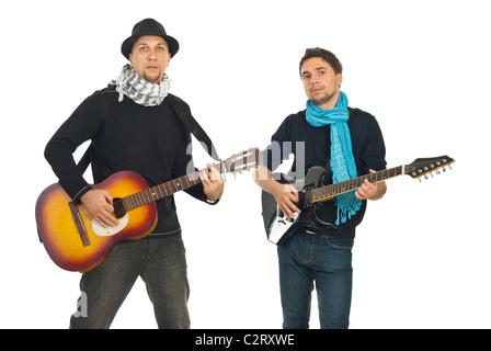 Two cool guys singing with electronic and acoustic guitars isolated on ...