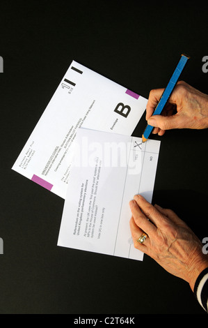 A female hand puts a voting ballot in the ballot box- voting and ...