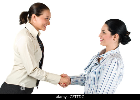 Two young girls give handshake isolated on white, concept of successful ...