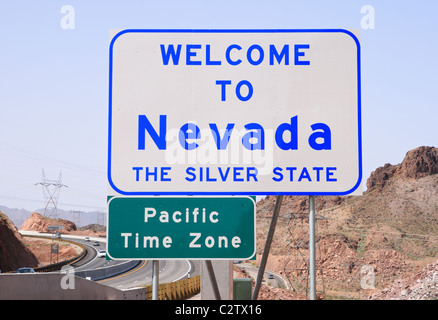 Welcome to Nevada, road sign, Pacific Time Zone, US highway 93 near the ...
