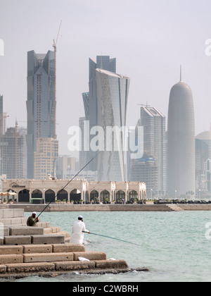 Buildings on the waterfront in Doha, Qatar, including the Tornado Tower ...
