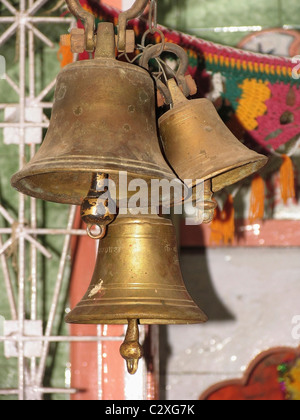 Hindu temple bells. Bells of the old temple in India. Pattern of bells ...