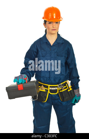 Woman builder with box isolated on white Stock Photo - Alamy