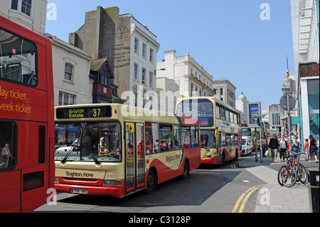traffic jam buses bus queue London red routemaster Stock Photo - Alamy