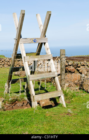Wooden ladder stile over a fence with footpath sign reflected in a ...