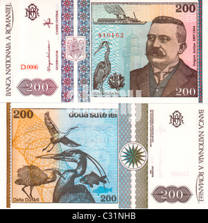 Romania money, 1 and 200 Romanian lei banknotes, financial concept ...
