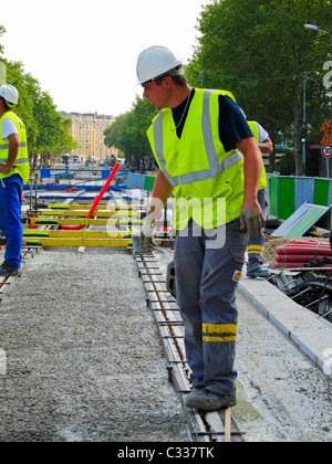 Paris, France, Tramway T3 Workers at Construction Site, African ...