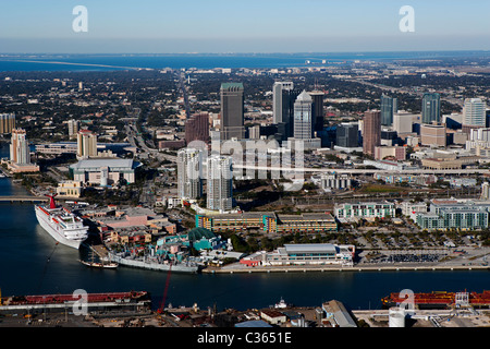 aerial view above Tampa high rise office towers including Sun Trust ...