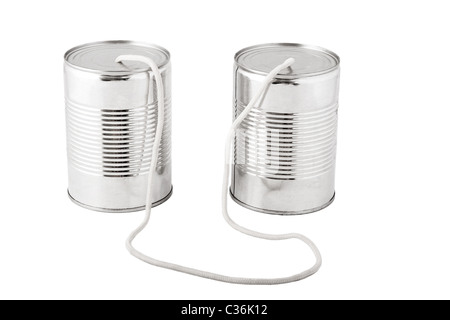 A pair of tin cans on a string used by kids to talk back and forth ...