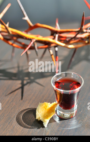 Communion elements with bread, wine, and crown of thorns Stock Photo ...
