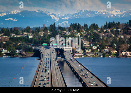 I-90 floating bridge in Seattle, crossing Lake Washington Stock Photo ...