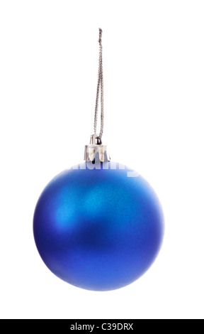 Blue Christmas ball isolated on white background, containing small ...