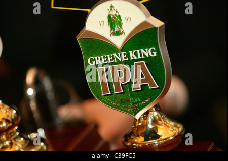 Greene King IPA beer pump label badges Stock Photo - Alamy