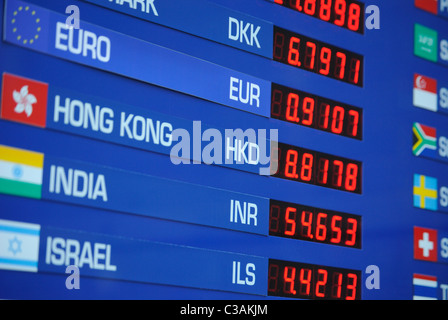 Sign depicting exchange rates for different international currencies ...