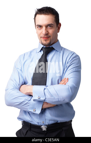 Photo of satisfied friendly man folded arms toothy smile look camera ...