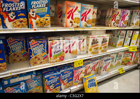 Boxes of Kellogg's breakfast cereals with generic brands mixed in on ...