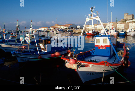 Castle Guzman el Bueno with fishing harbour in the foreground, Tarifa ...