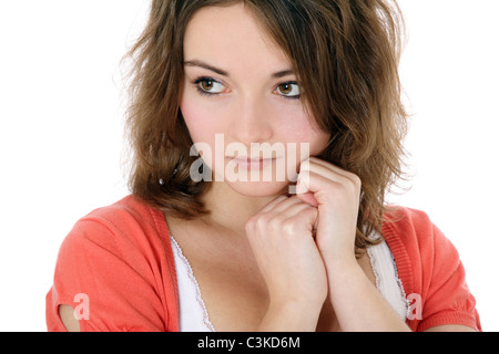 Unconfident looking woman. All on white background Stock Photo - Alamy