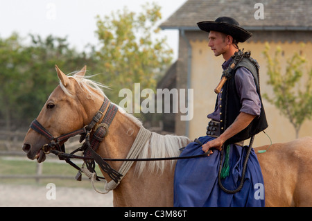 Traditional Hungarian cowboy show in the Hortobagy. Horseman or Csikos ...