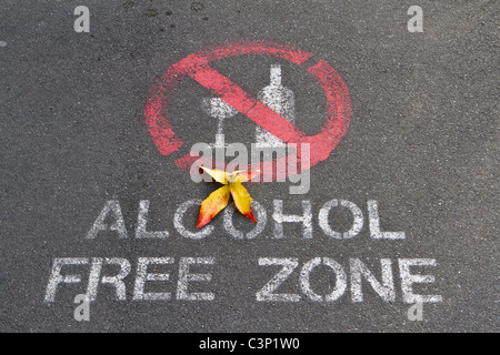 An alcohol free zone sign painted on the road in New Zealand ...